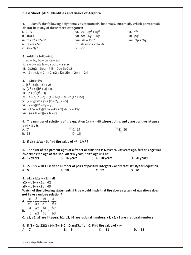 Class Sheet - AL1 - Identities and Basics of Algebra | PDF | Numbers ...