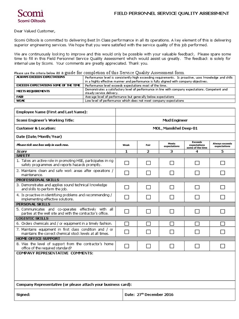As A Guide For Completion of This Service Quality Assessment Form | PDF ...