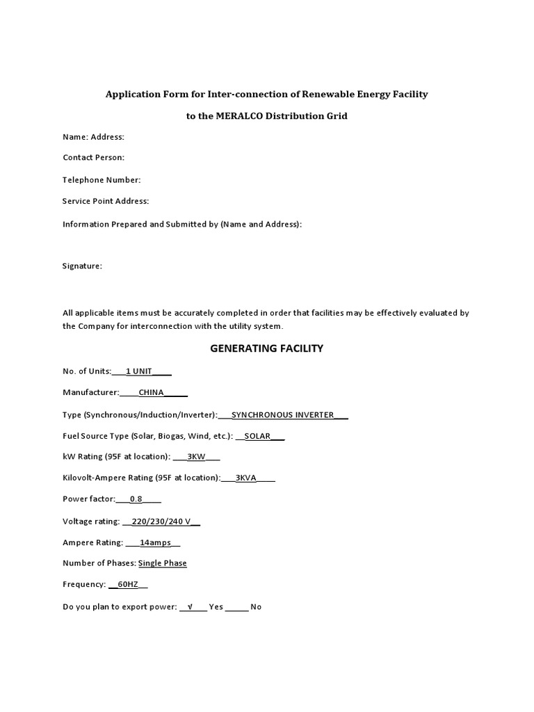 Application Form For Inter-Connection of Renewable Energy Facility To ...