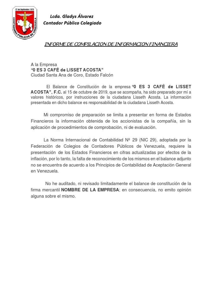Informe de Compilacion de Informacion Financiera | PDF | Contador ... Informe de Compilacion de Informacion Financiera | PDF | Contador ...