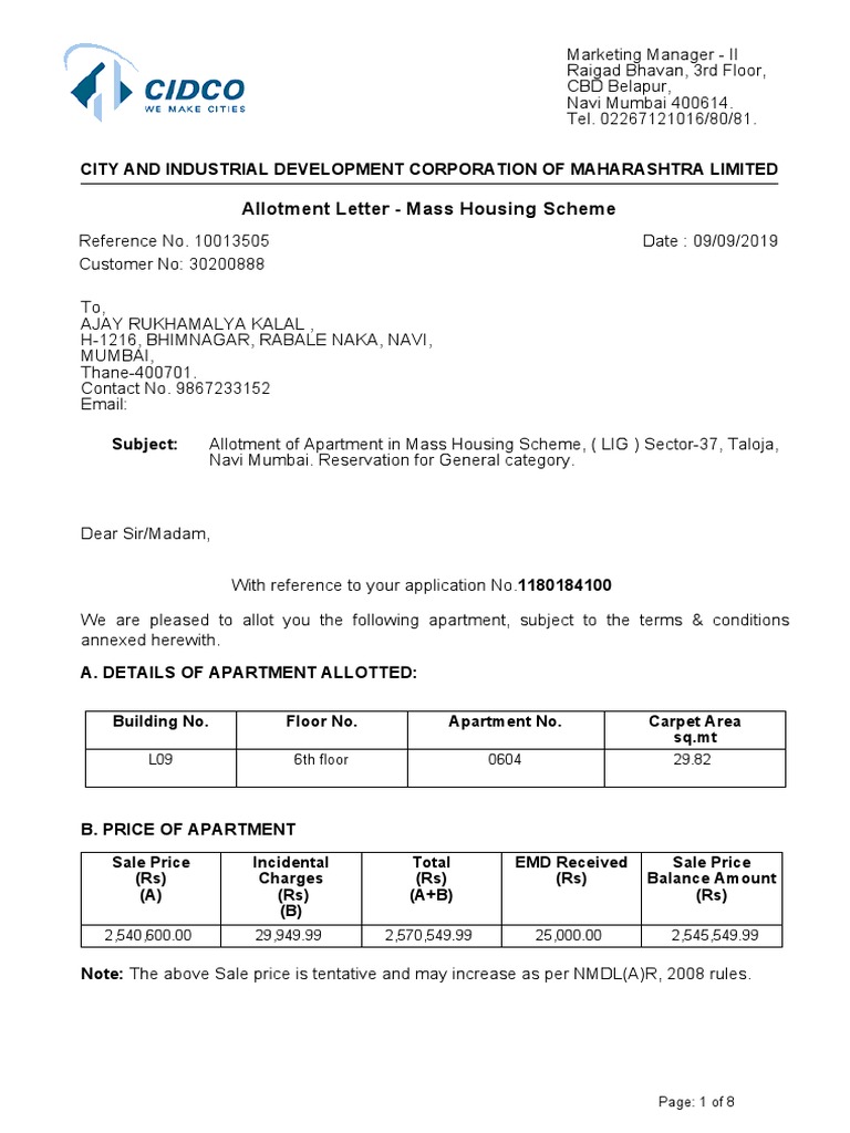 Allotment Letter CIDCO | PDF | Apartment | Lease