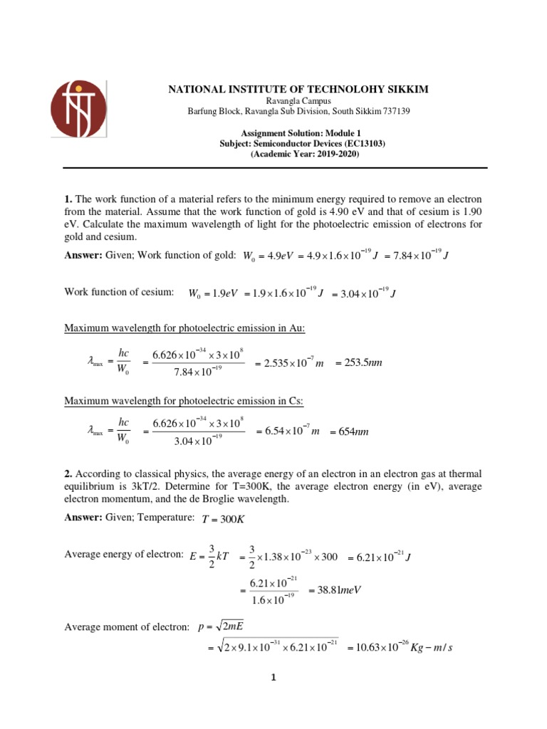 Assignment Solution-Semiconductor Devices-Module 1-1 PDF | PDF | Doping (Semiconductor ...