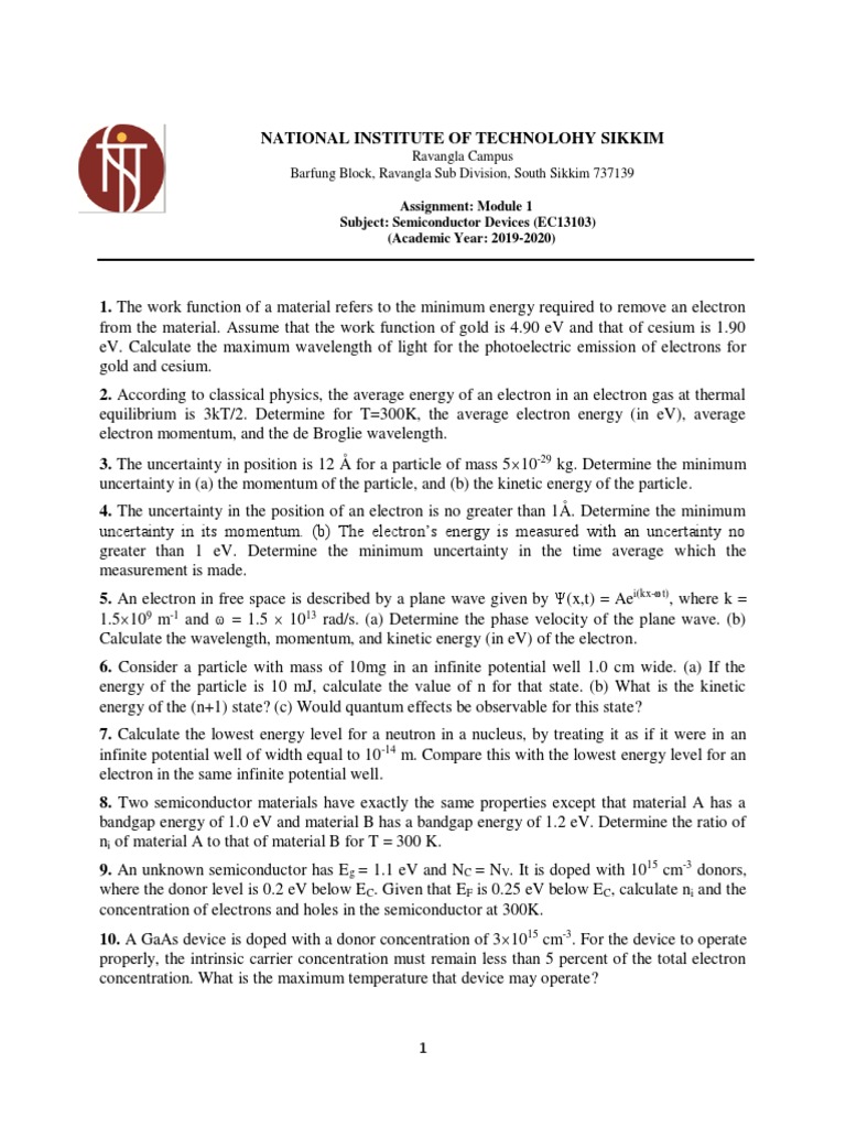 Assignment Semiconductor Devices Module 1 | PDF | Doping (Semiconductor) | Semiconductors