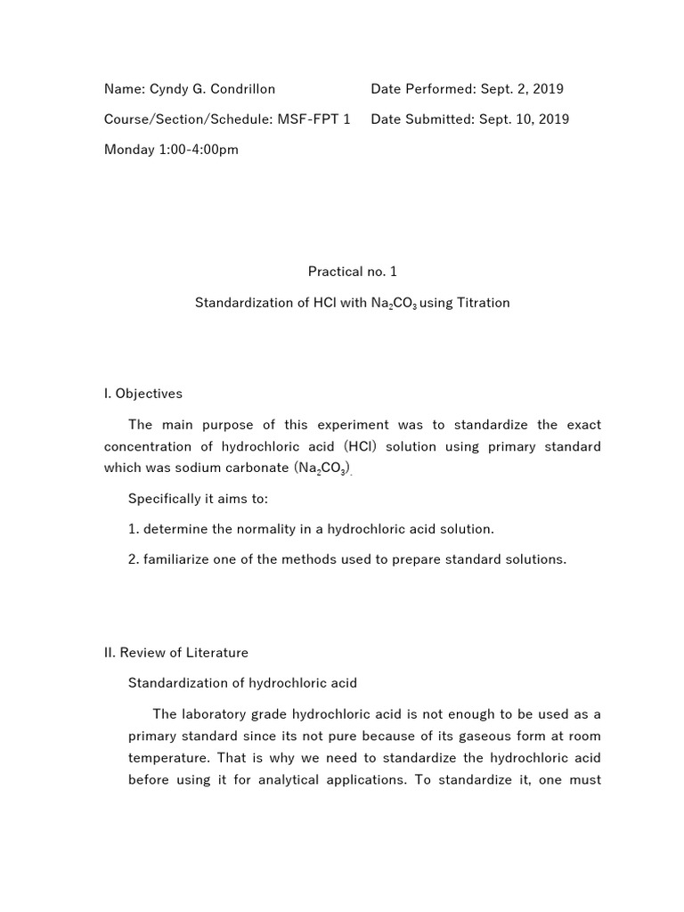 Standardization Of Hcl Download Free Pdf Hydrochloric Acid Sodium Bicarbonate