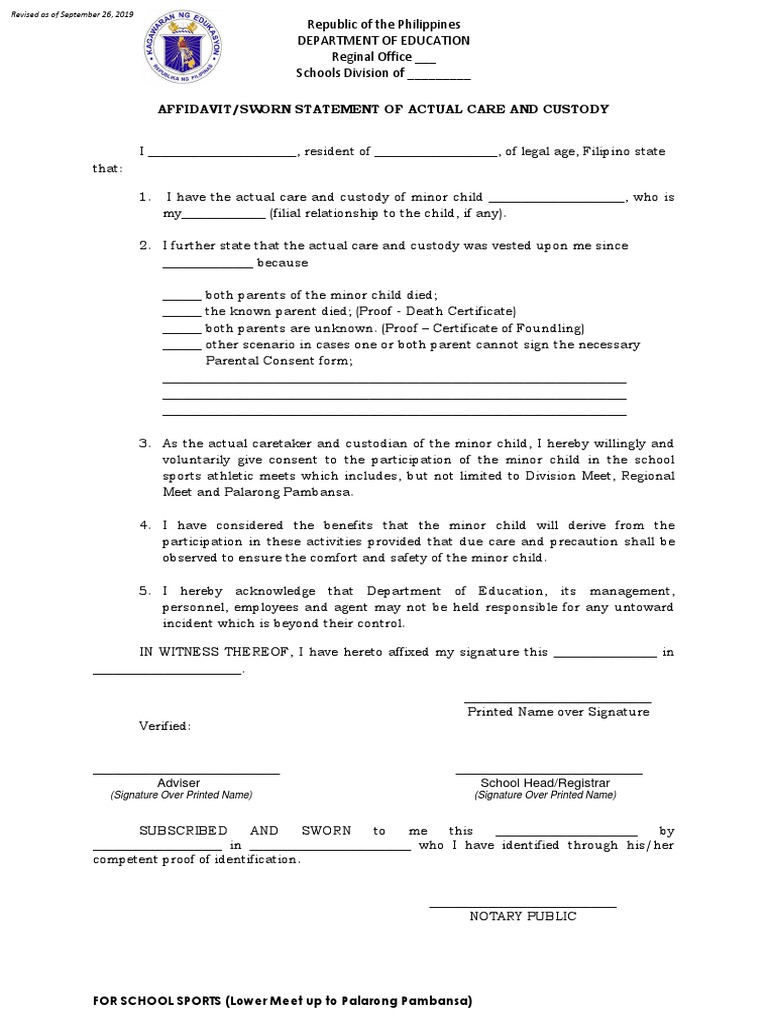 Sworn Statement of Actual Care and Custody Revised | PDF | Child ...