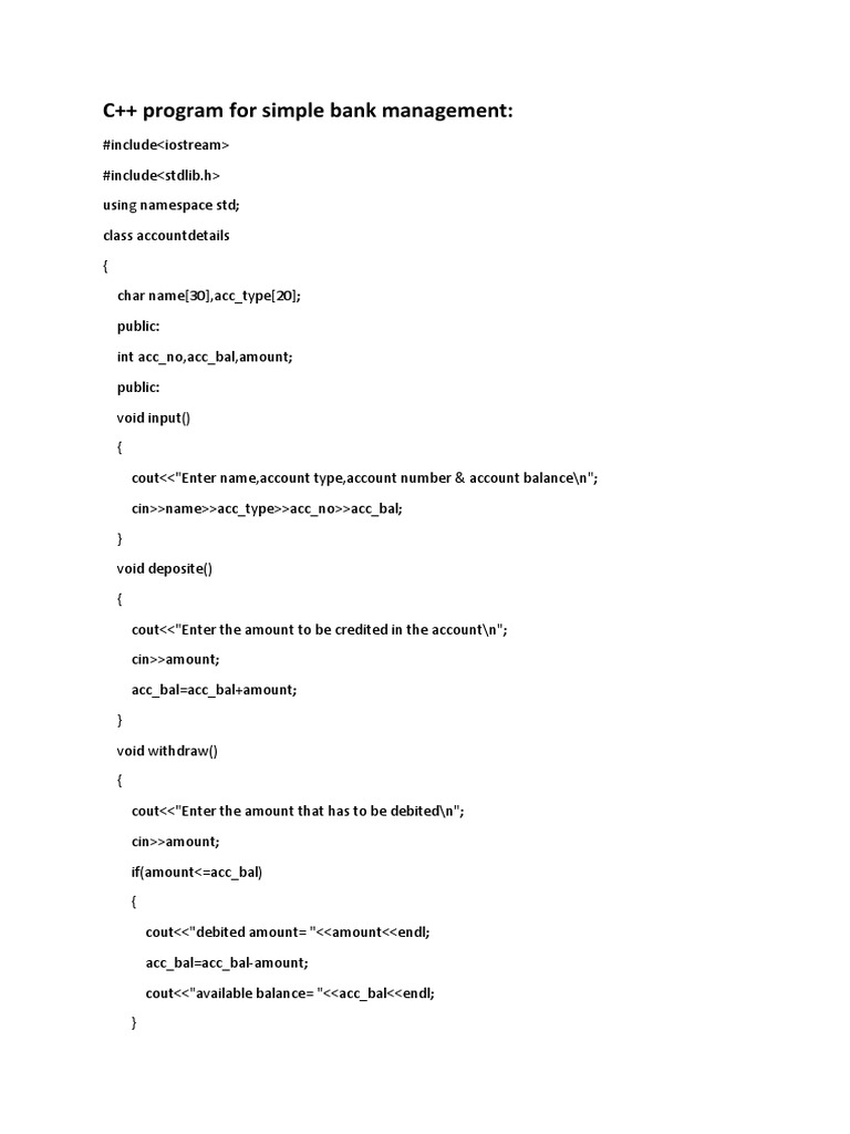 C++ Program For Simple Bank Management | PDF