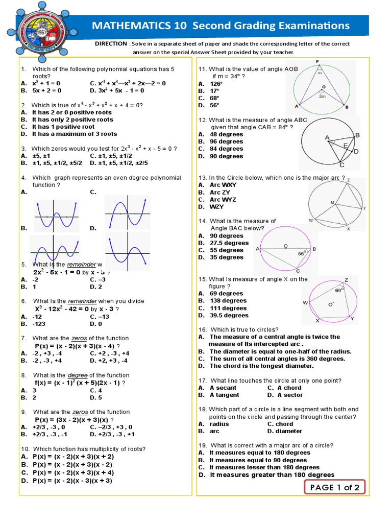 Math 10 Assessment (Second Quarter) | PDF | Circle | Elementary Mathematics