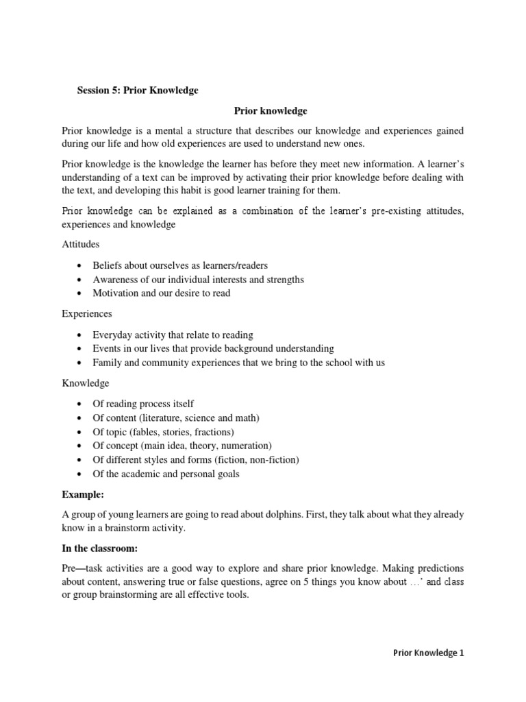 Session 5: Prior Knowledge Prior Knowledge | PDF | Schema (Psychology ...