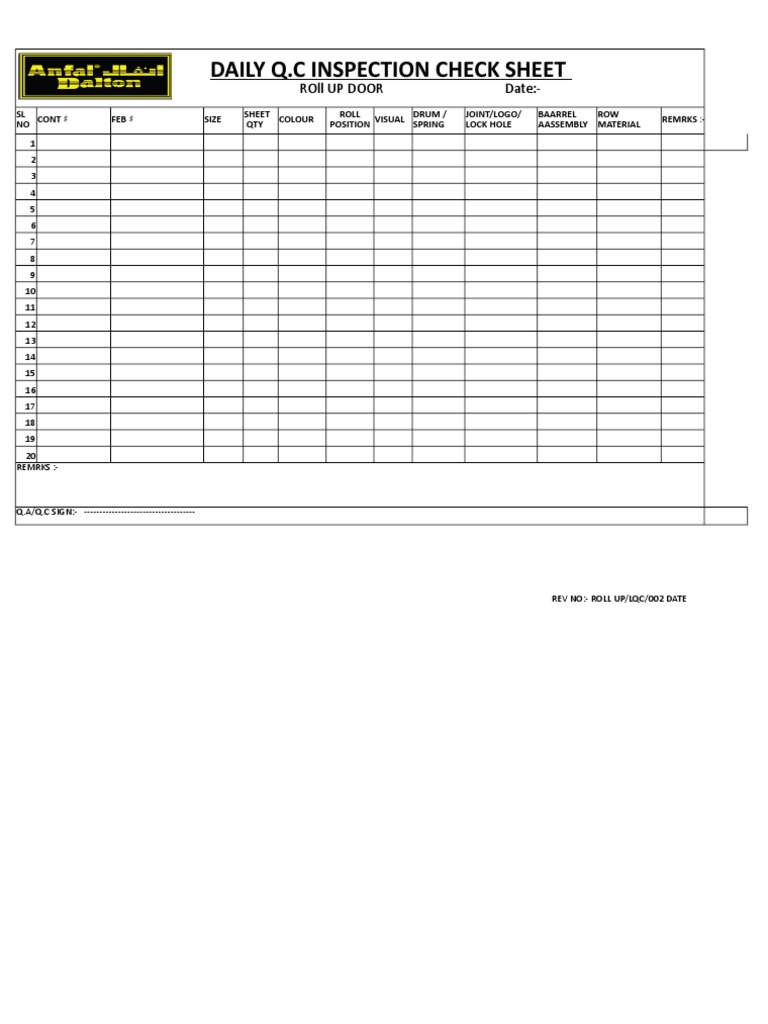 Daily Q.C Inspection Check Sheet: Roll Up Door Date | PDF