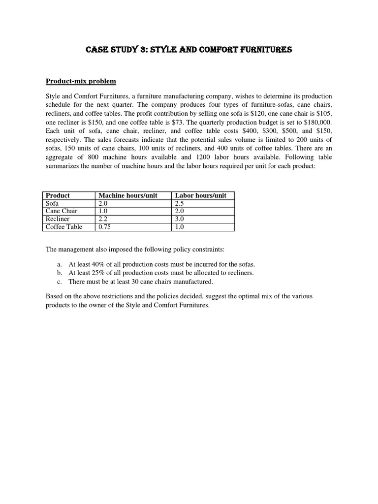 Case Study 3: Style and Comfort Furnitures: Product-Mix Problem | PDF