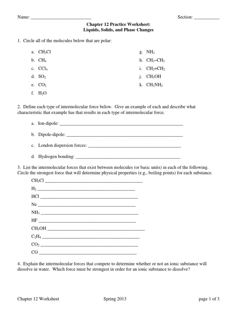 Intermolecular Forces and Phase Changes Worksheet | PDF ...