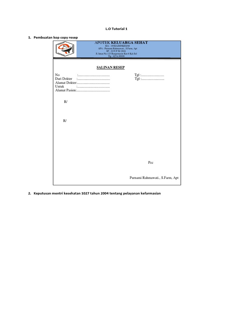L.O Tutorial 1 1. Pembuatan Kop Copy Resep | PDF | Pengembangan Diri