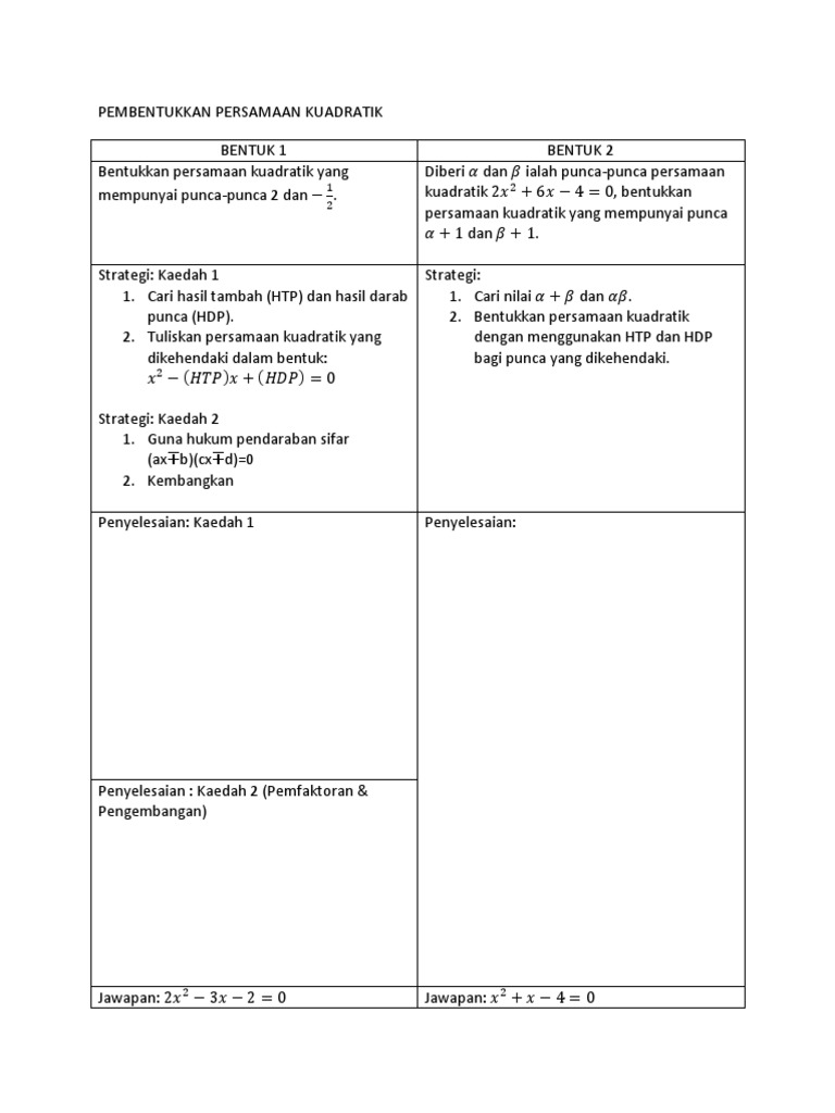 Pembentukkan Persamaan Kuadratik | PDF