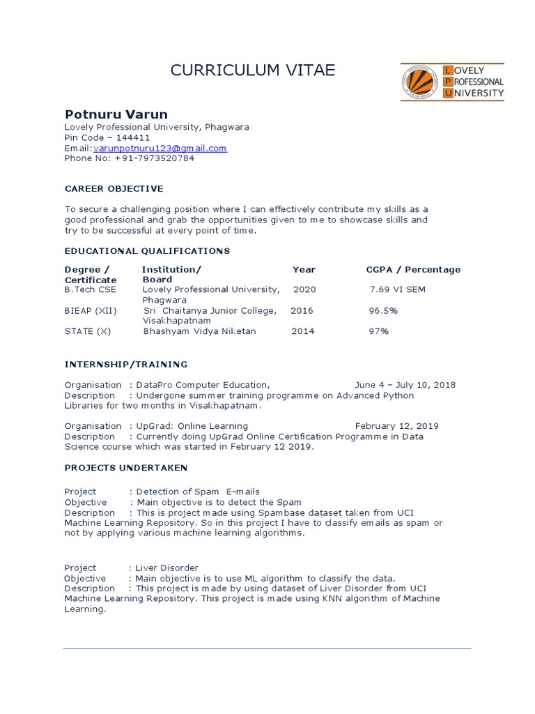 Curriculum Vitae: Potnuru Varun | PDF