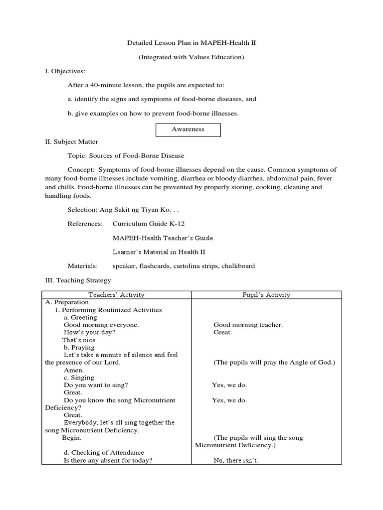 Detailed Lesson Plan in MAPEH Health II | PDF | Foodborne Illness ...