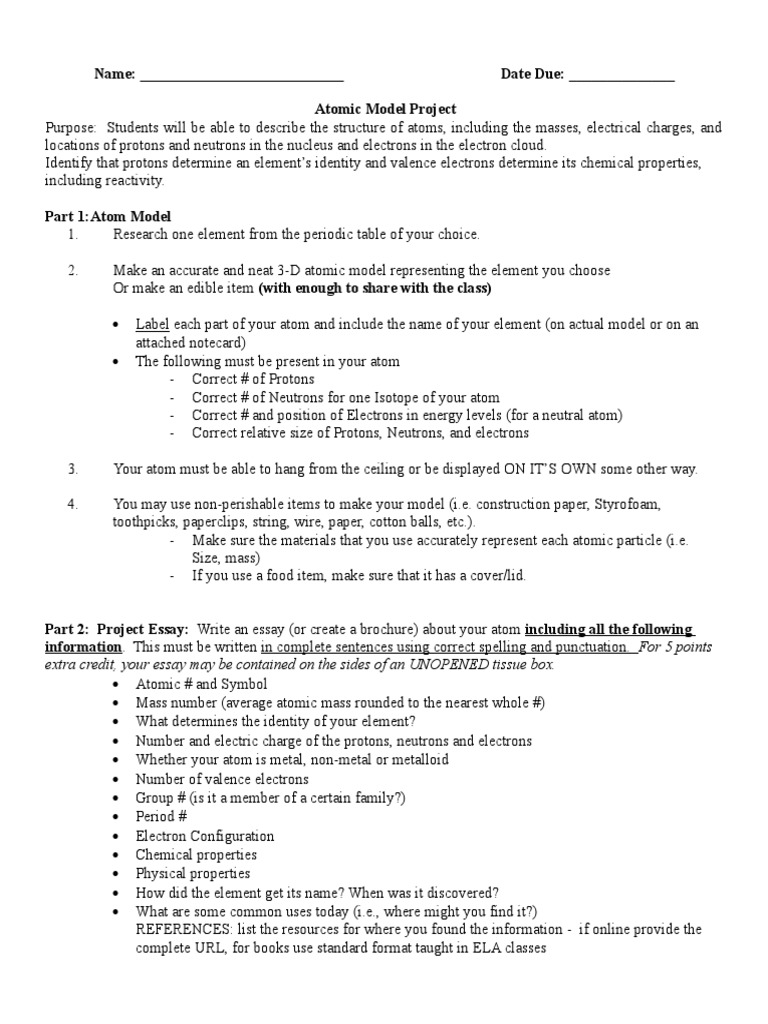 Atomic Model Project Rubric | Download Free PDF | Atoms | Proton