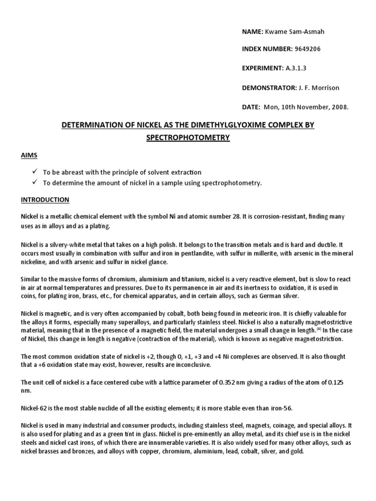 Determination of Nickel As The Dimethylglyoxime Complex by ...