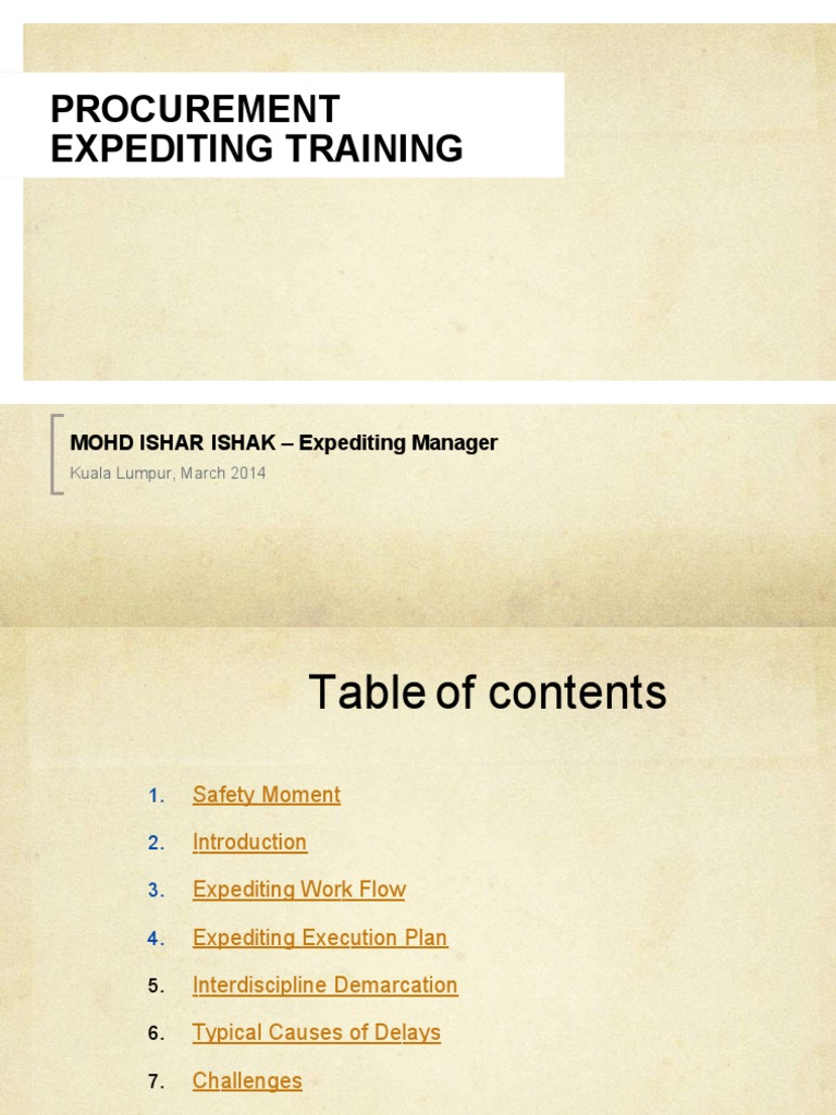 Procurement Expediting Training: Mohd Ishar Ishak - Expediting Manager | PDF | Cargo | Logistics