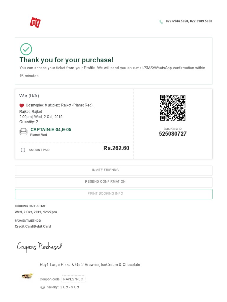 Purchase confirmation for two tickets to see the movie 'War' at ...