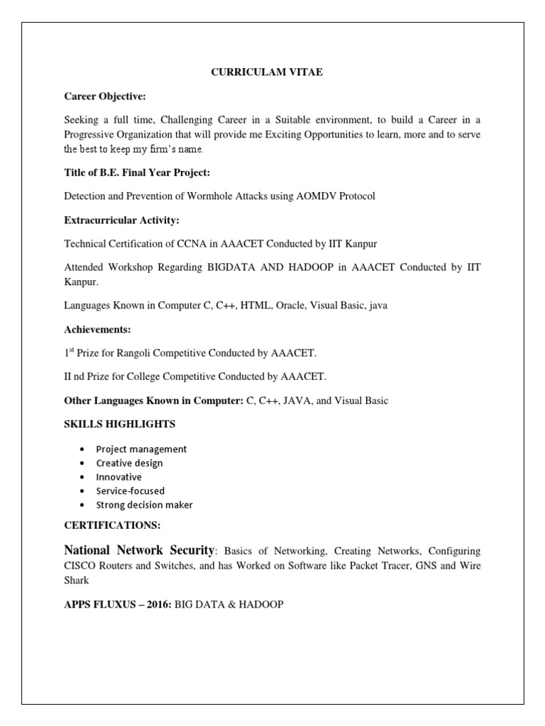 Curriculam Vitae Career Objective:: National Network Security | PDF ...
