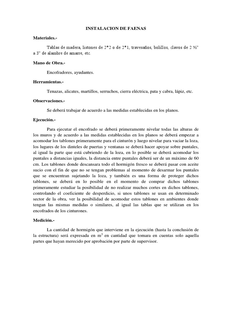 Instalacion De Faenas Materiales.