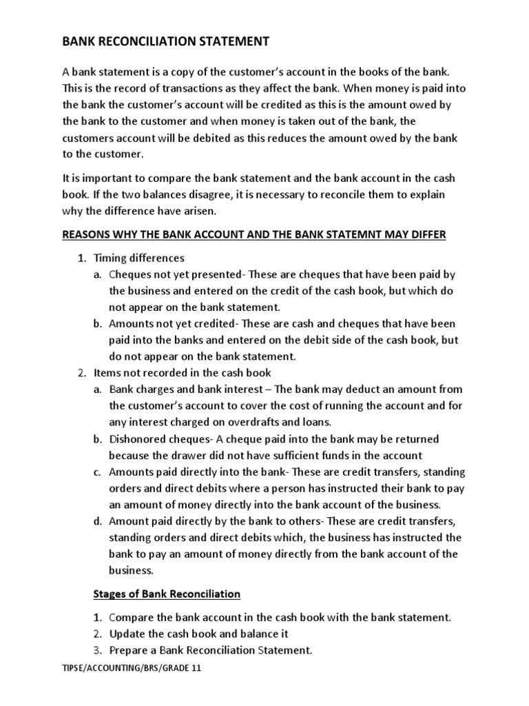 Bank Reconciliation Statement: Reasons Why The Bank Account and The ...