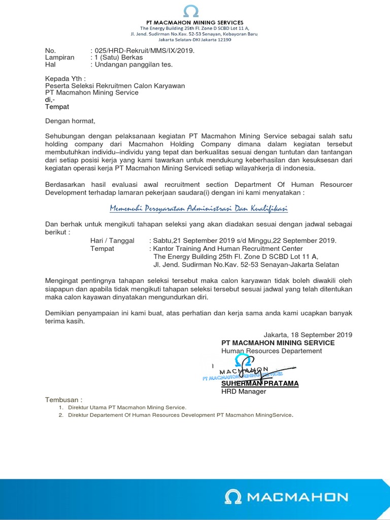 Undangan Interview Pt. Macmahon Mining Service Jakarta PDF | PDF