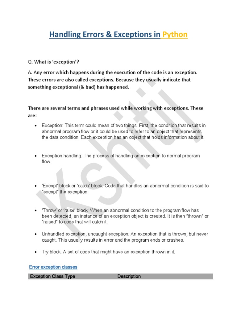 Handling Errors And Exceptions In Python Pdf Parameter Computer 6443