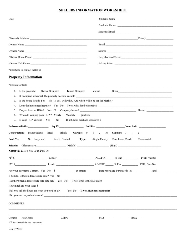 Sellers Information Worksheet: Ortgage Nformation | PDF | Foreclosure ...