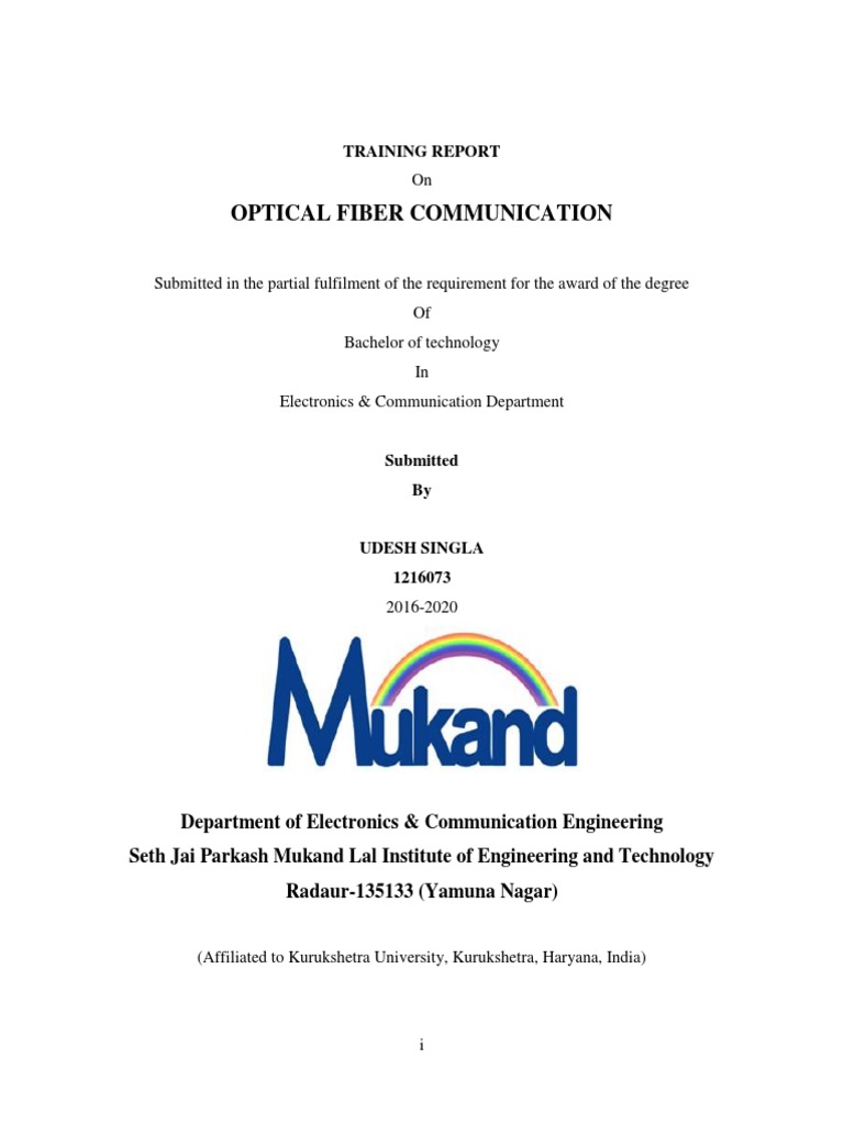 Optical Fiber Communication: Training Report | PDF | Engineering