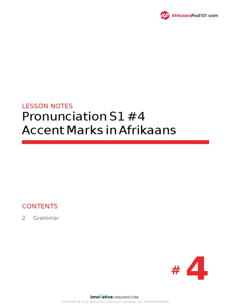 Pronunciation S1 #4 Accent Marks in Afrikaans: Lesson Notes | PDF