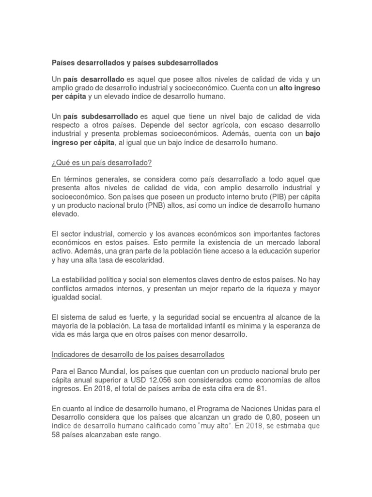 Países Desarrollados y Países Subdesarrollados | PDF | País en ...