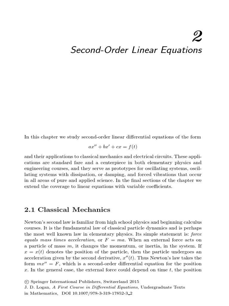 Second-Order Linear Equations: 2.1 Classical Mechanics | PDF ...