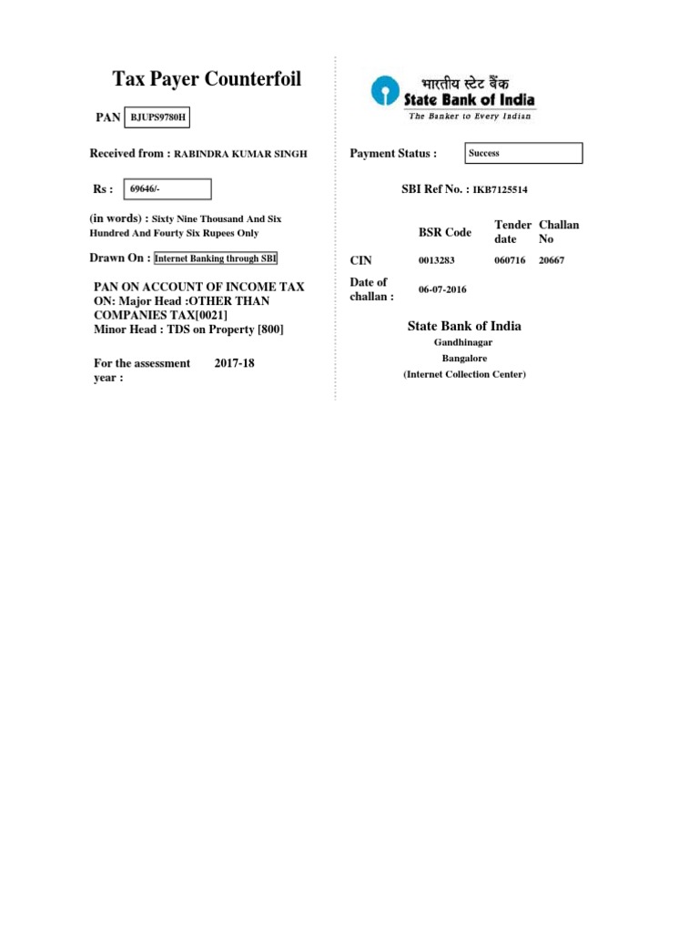 TDS Challan Receipt For AD2208964 | PDF