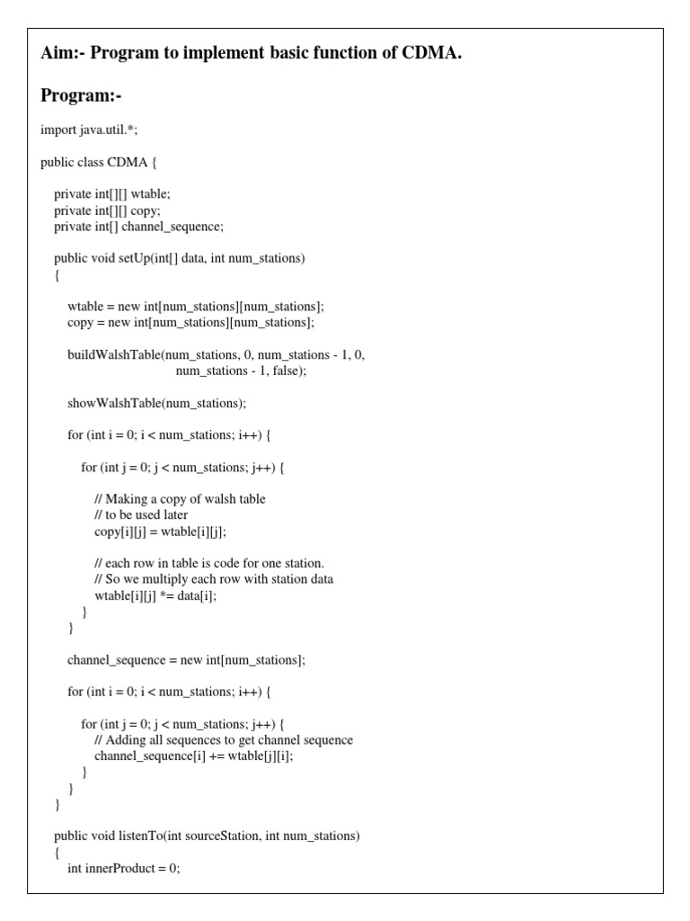 Aim:-Program To Implement Basic Function of CDMA. Program | Download Free PDF | Computer ...