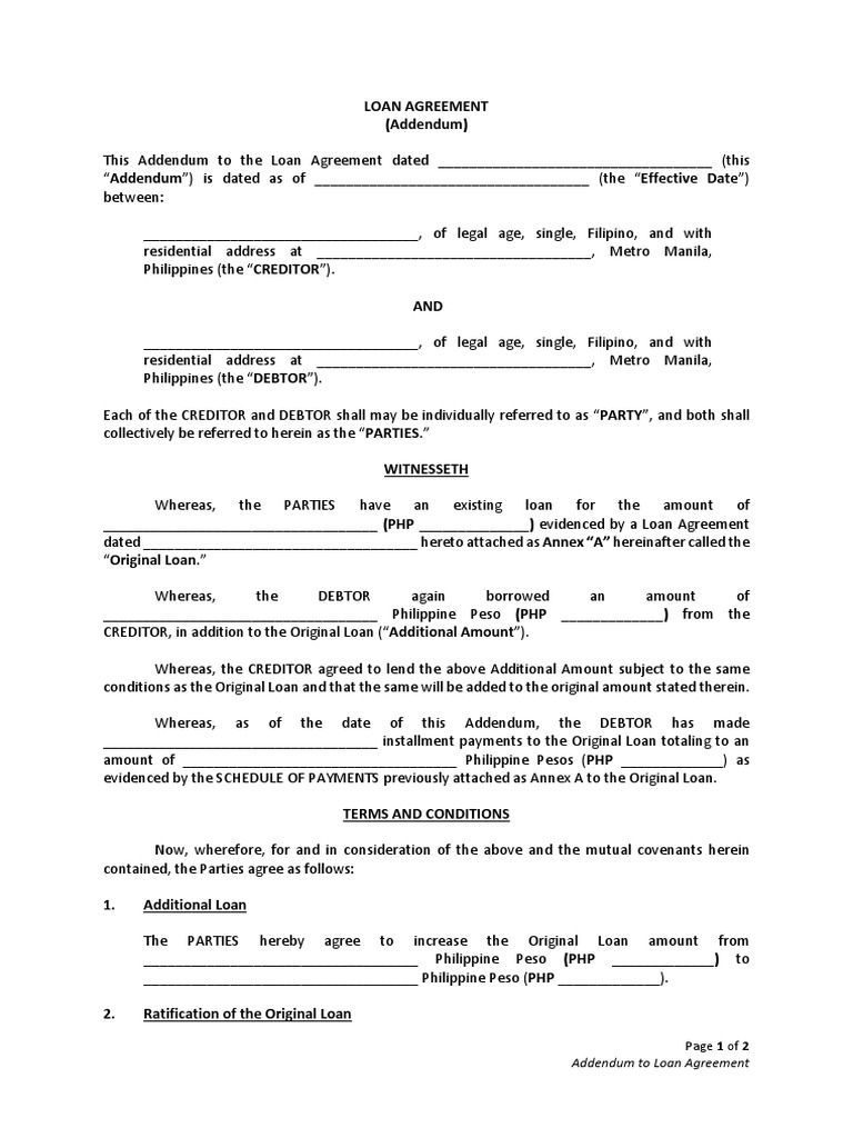 (Template) Loan Agreement-Addendum | PDF | Debtor | Loans