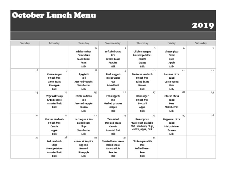 October Lunch Menu: Sunday Monday Tuesday Wednesday Thursday Friday ...