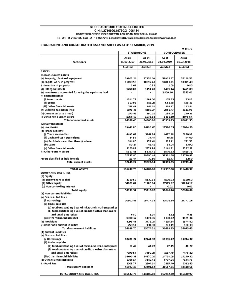 SAIL Balance Sheet 2019: Standalone & Consolidated | PDF | Equity ...