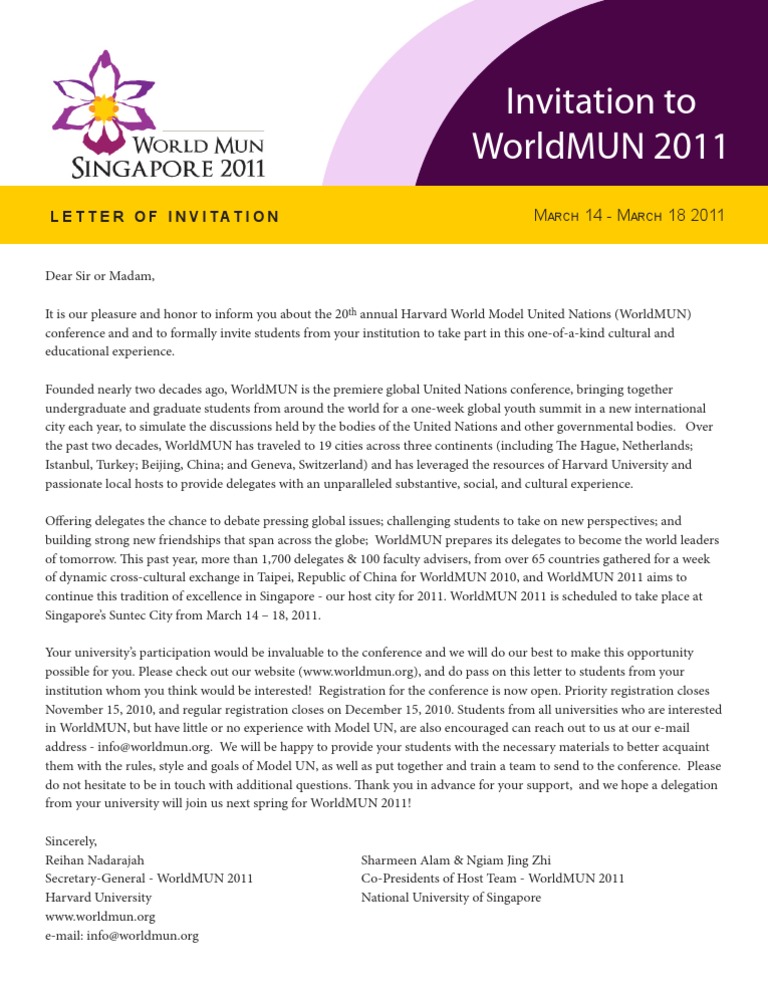 WorldMUN 2011 Invitation Letter | PDF | International Relations ...