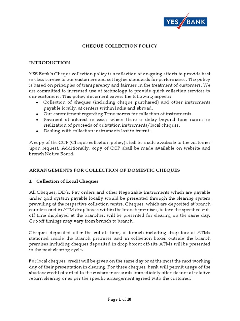 Cheque Collection Policy: Page 1 of 10 | Download Free PDF | Overdraft ...