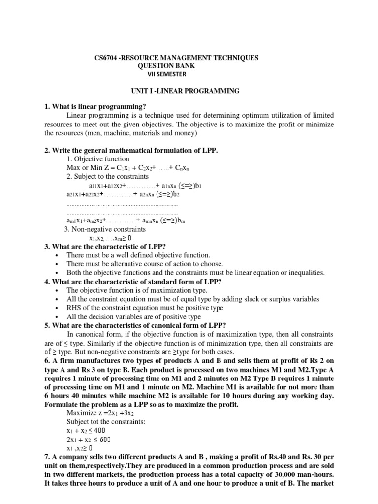 Cs6704 - Resource Management Techniques Question Bank Vii Semester Unit I - Linear Programming ...
