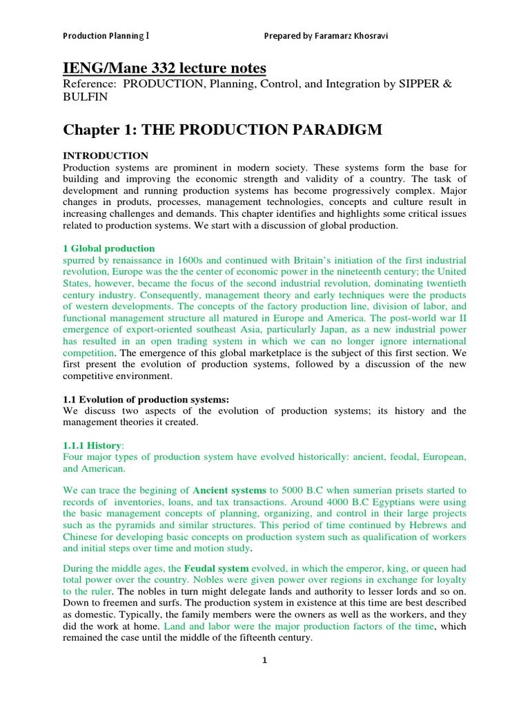 IENG/Mane 332 Lecture Notes: Reference: PRODUCTION, Planning, Control ...