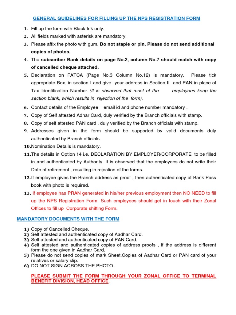 General Guidelines For Filling Up The Nps Registration Form: Section ...