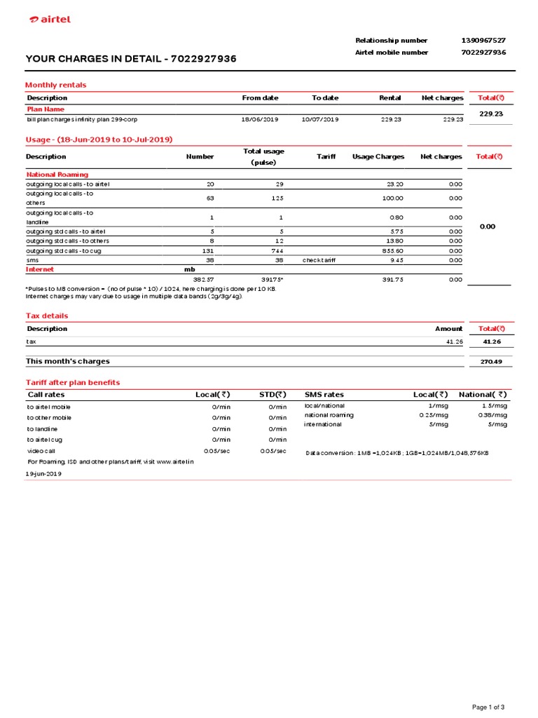 Monthly Mobile Bill for Airtel Number 7022927936 Detailing Usage ...