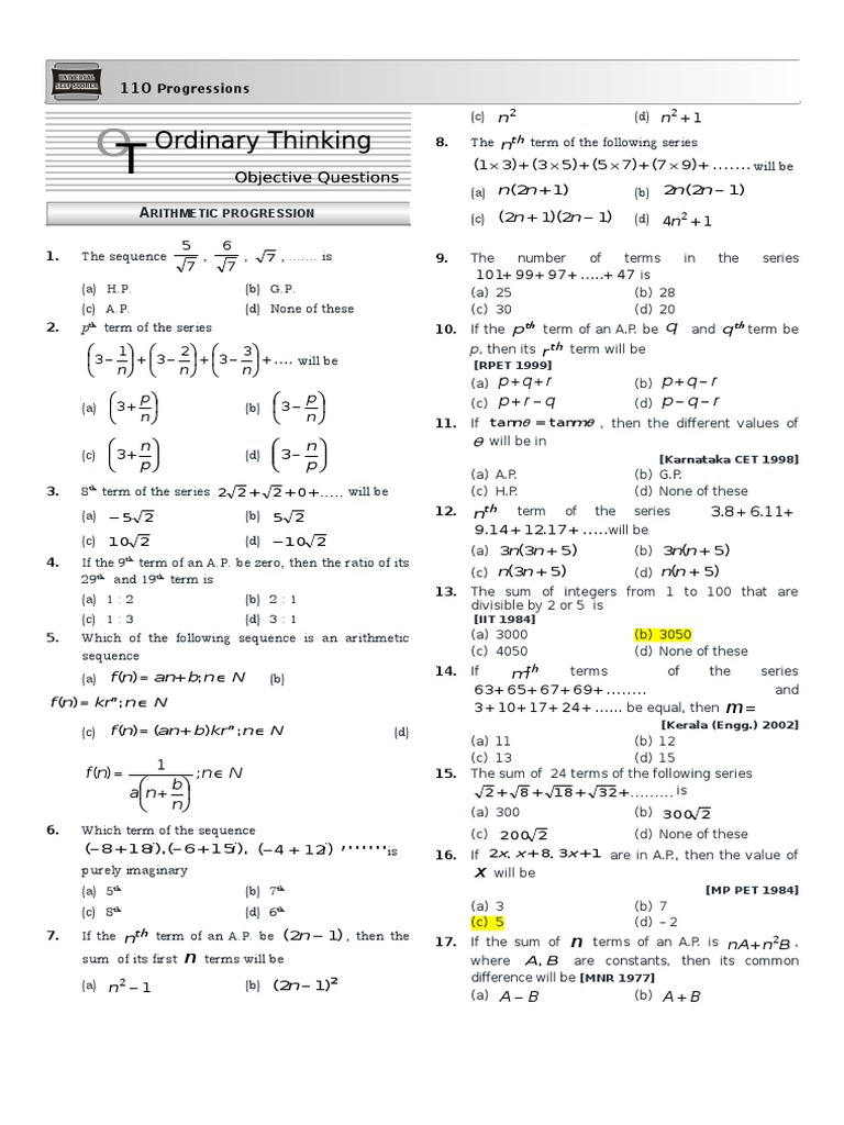 Ques. Progression - (Part 1) | PDF | Elementary Mathematics | Teaching ...