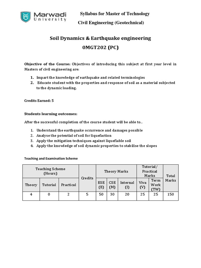 Soil Dynamics & Earthquake Engineering 0MGT202 (PC) : Syllabus For Master of Technology Civil ...
