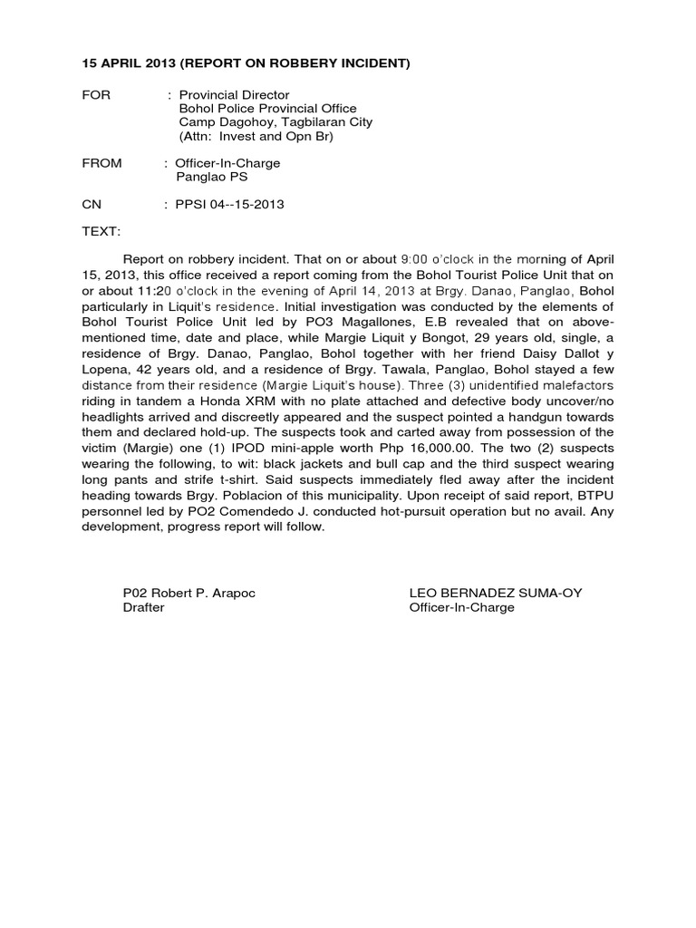 Report On Robbery Incident | PDF