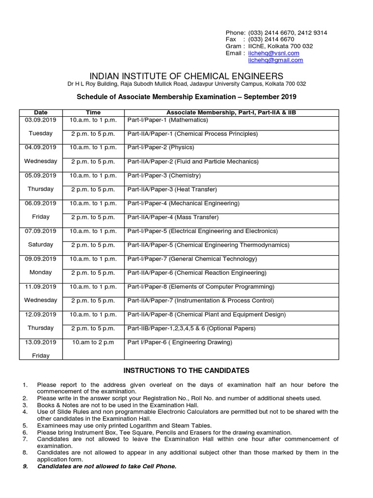Schedule September 2019 | PDF | Chemistry | Chemical Engineering
