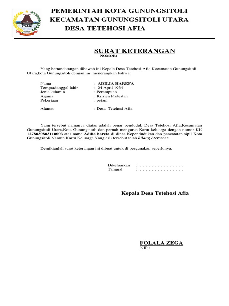 Surat Keterangan Kepala Desa | PDF