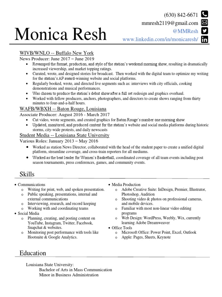 Resume - Monica Resh | PDF | Social Media | Popular Culture & Media Studies